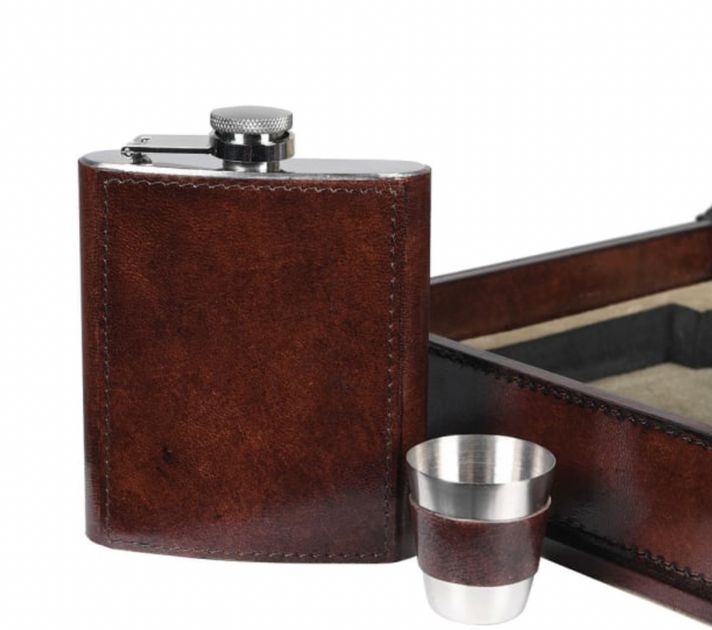 Brown Leather and Steel Hip Flask and Shot Cup Set – The Interiors Barn